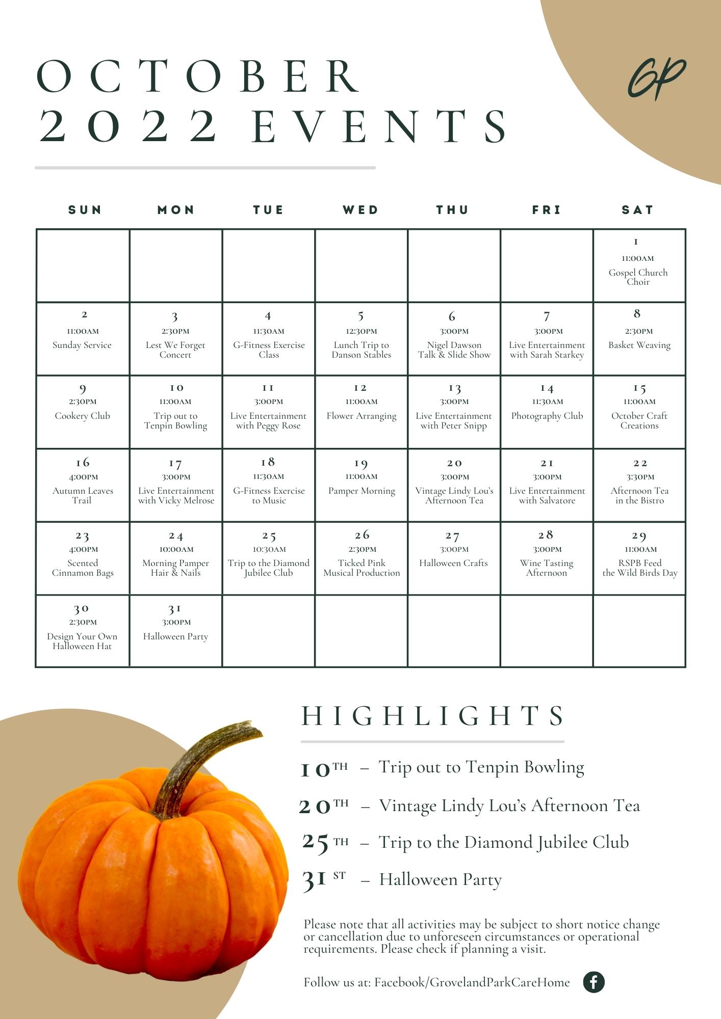 October 2022 Activities Calendar | Groveland Park Care Home