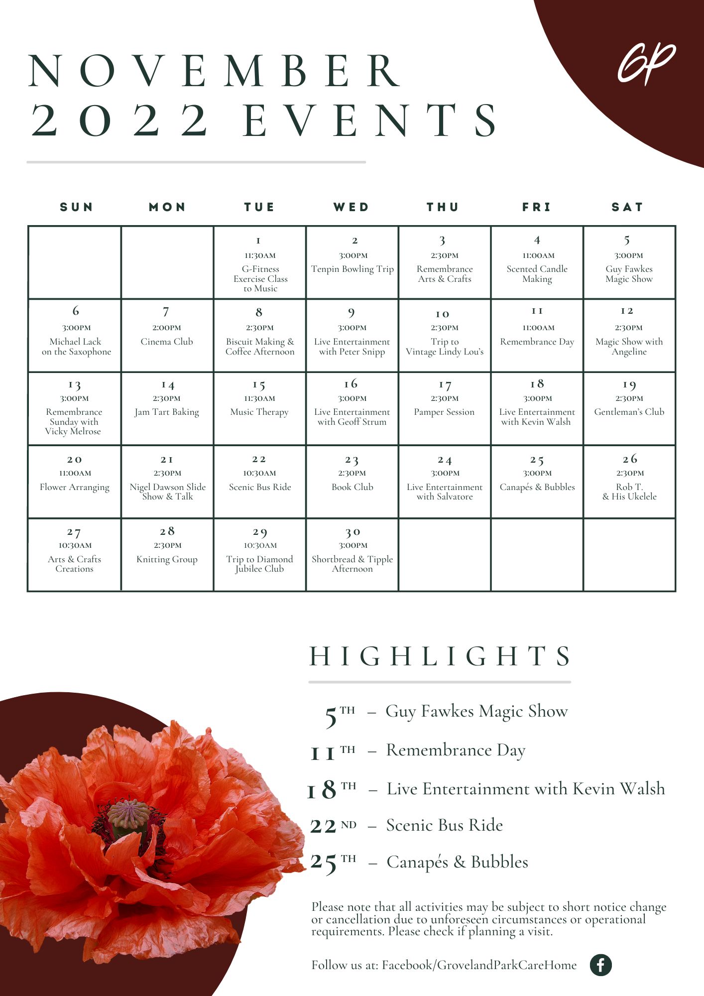 November 2022 Activities Calendar | Groveland Park Care Home