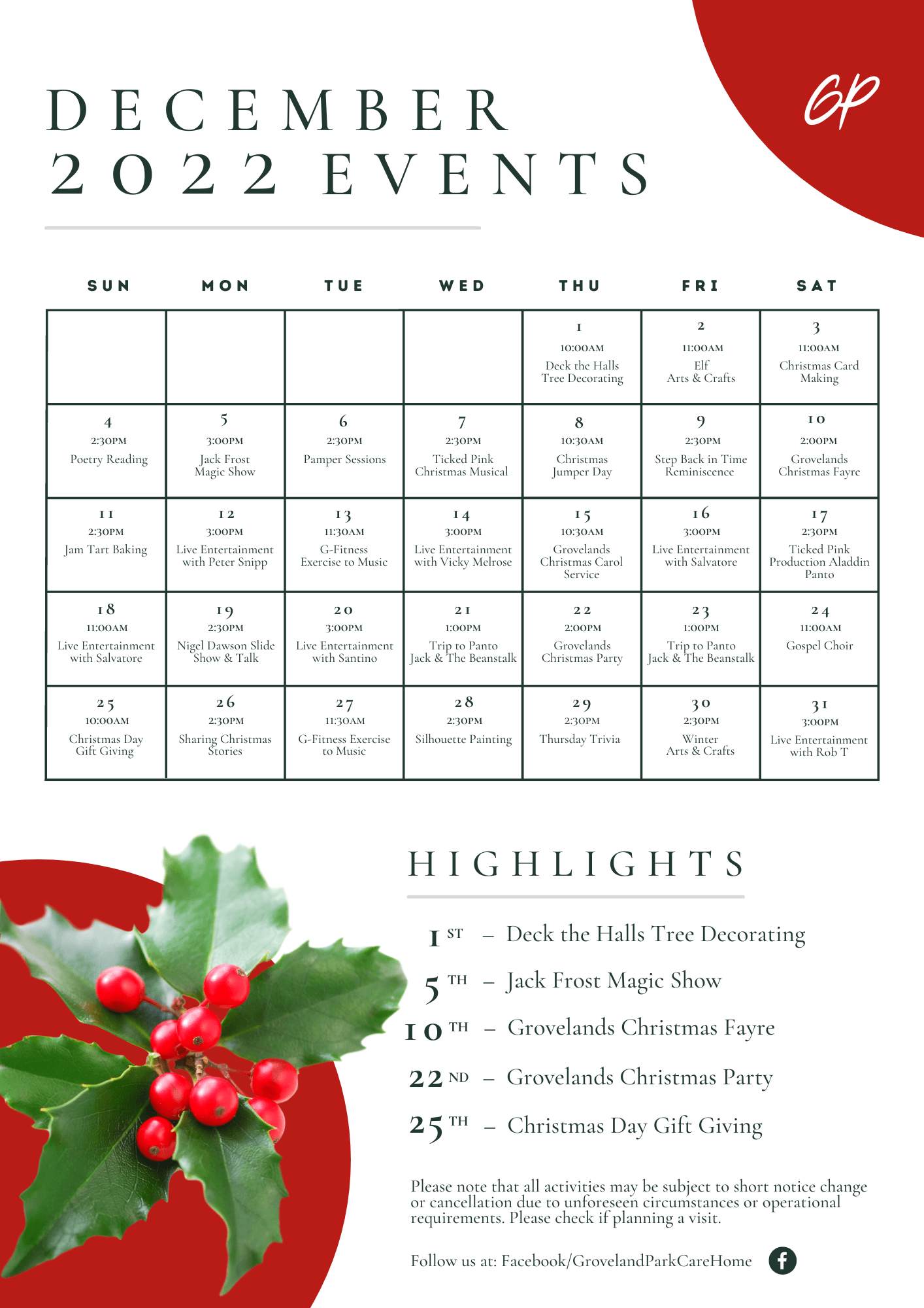 December 2022 Activities Calendar | Groveland Park Care Home